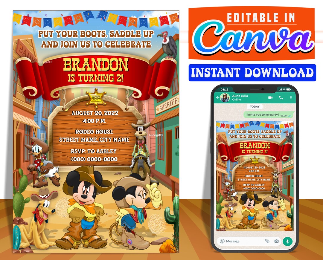 Mickey Cowboy Party Digital Birthday Party Invitation EDITABLE on CANVA ...