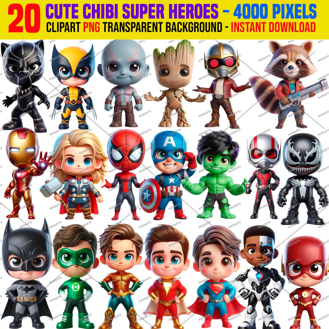 20 Cute Chibi SUPER HEROES Cartoons Clipart, Transparent Background PNG ...