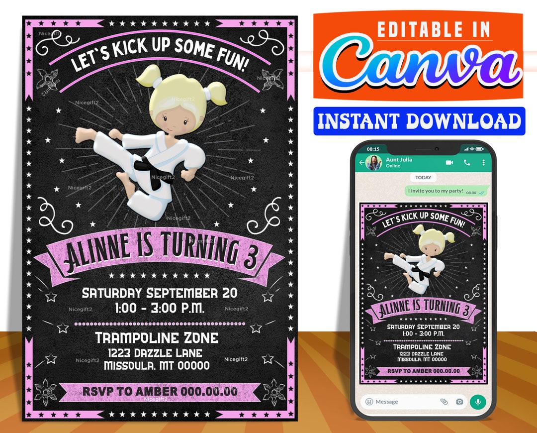 Karate Girl Blonde Hair Party Digital Birthday Invitation Chalkboard ...