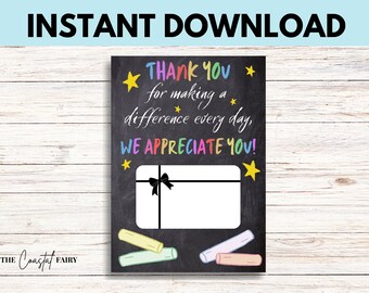 Teacher Appreciation Gift Card Holder Printable Thank You Gift Teacher ...