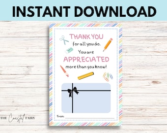 Teacher Appreciation Gift Card Holder Printable Thank You Gift Teacher ...