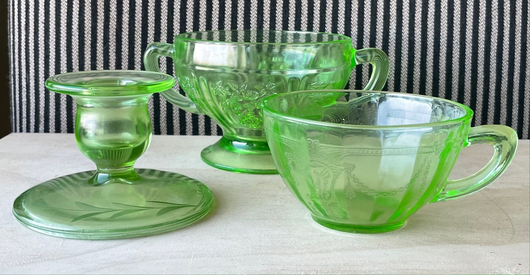 Vintage Green Uranium Vaseline Glass: Etched Candle Stick Holder ...