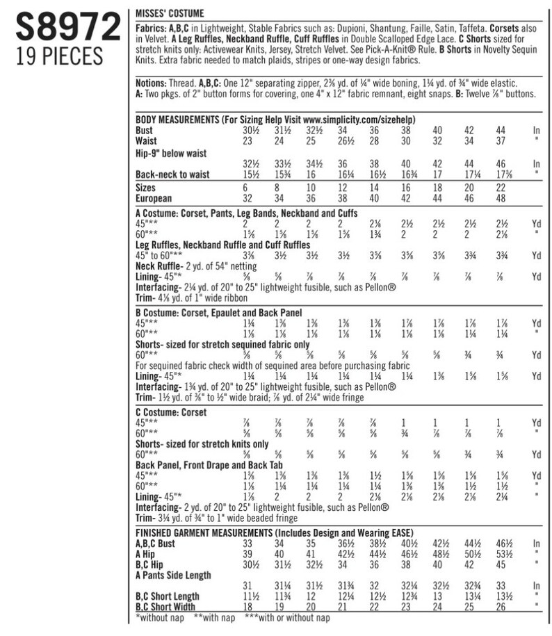 Sewing Pattern for Womens' Costumes Simplicity 8972 - Etsy