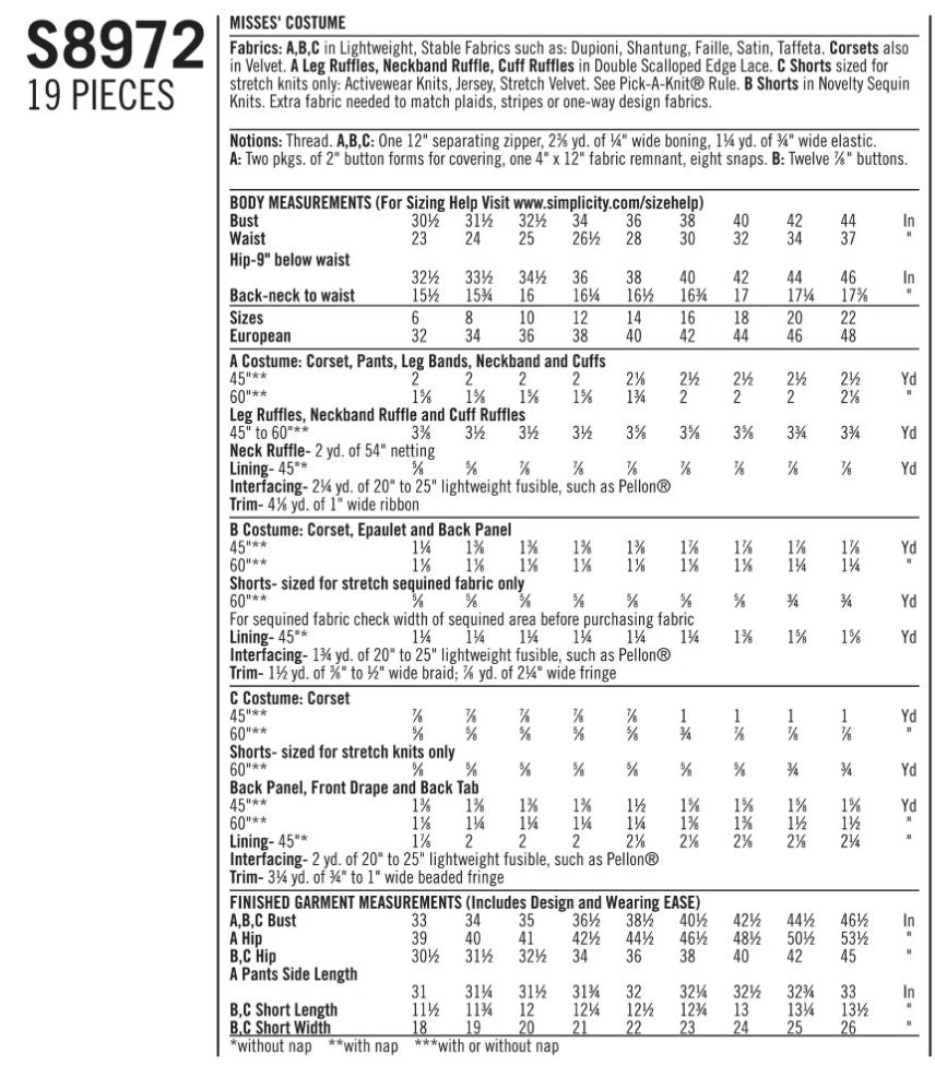 Sewing Pattern for Womens' Costumes Simplicity 8972 | Etsy