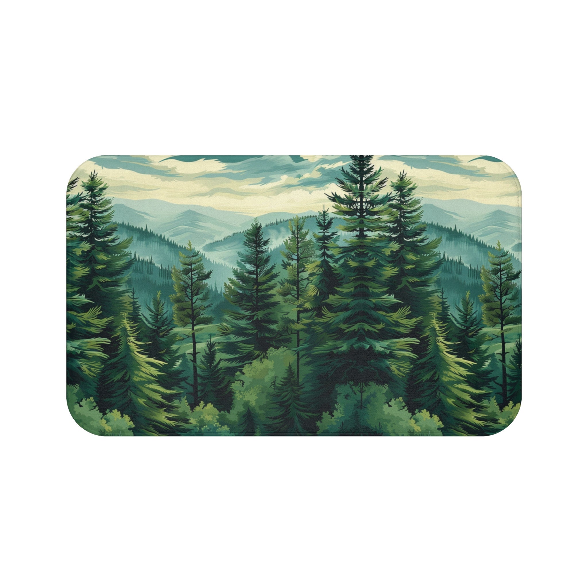 Evergreen Trees Bath Mat, Mountain Landscape Scene Decor Bathmat ...