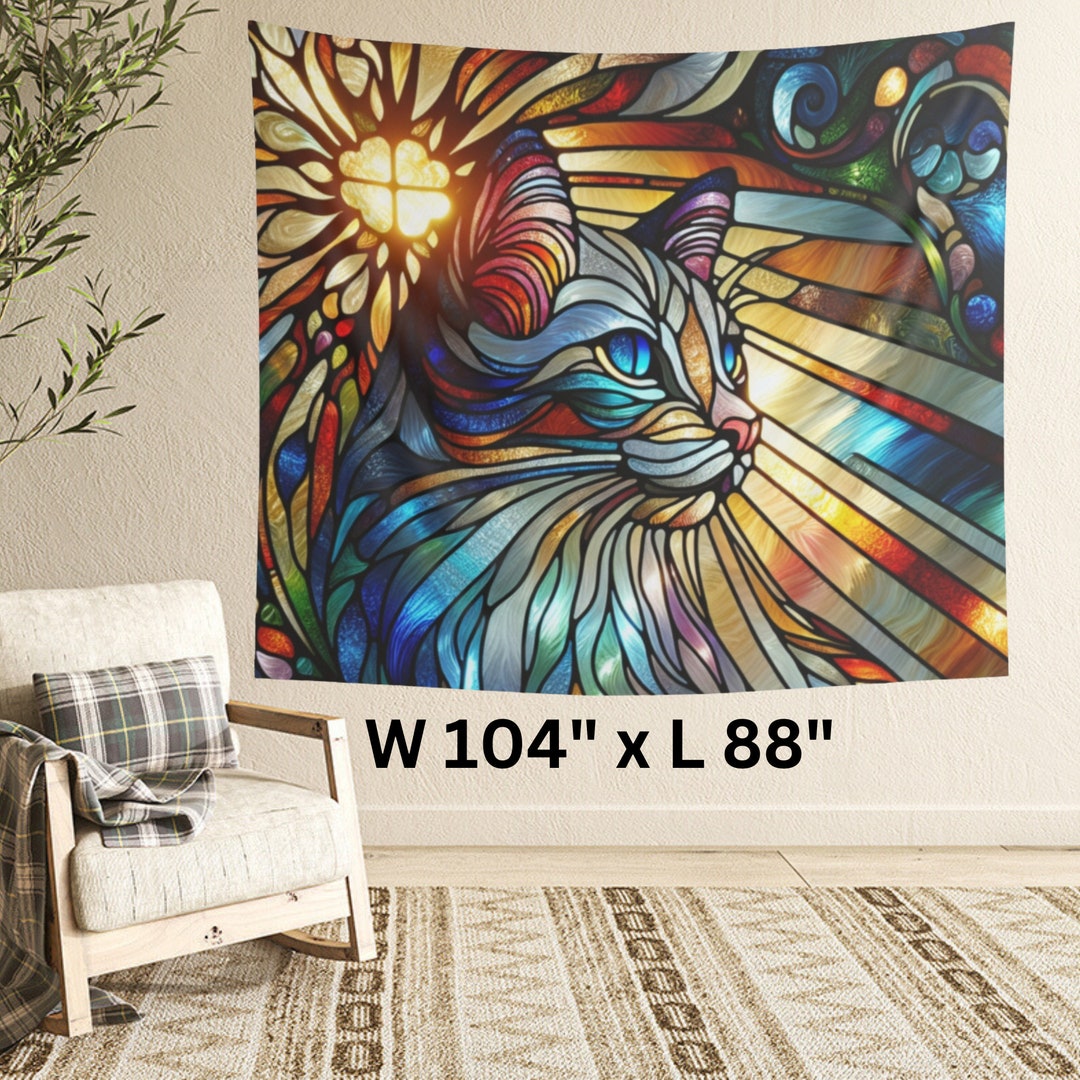 Cat Tapestry Stained Glass Look Cat Wall Hanging, Sun Cat Tapestry, Cat ...