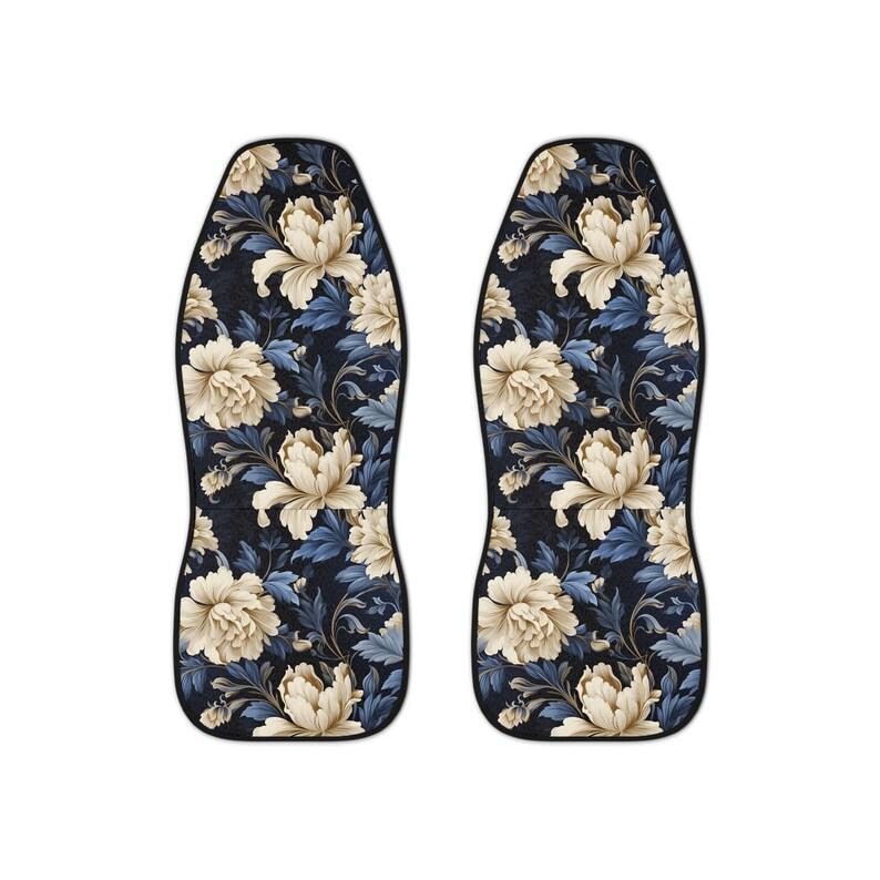 Cottage Core Dark Blue Damask With White Flower Seat Covers, Blue ...