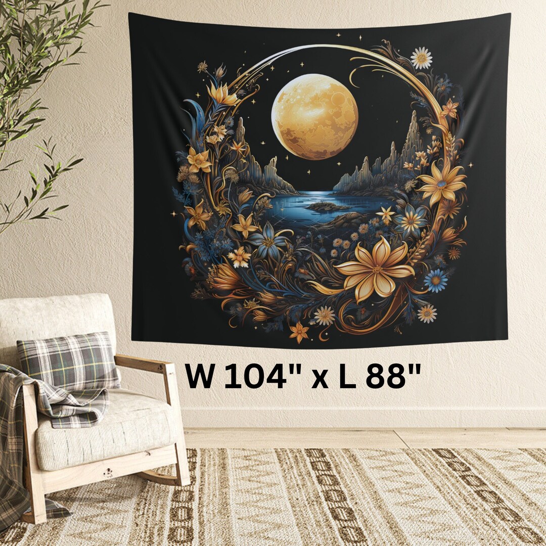 Celestial Tapestry, Full Moon Over Blue Water Tapestry, Moon Home ...