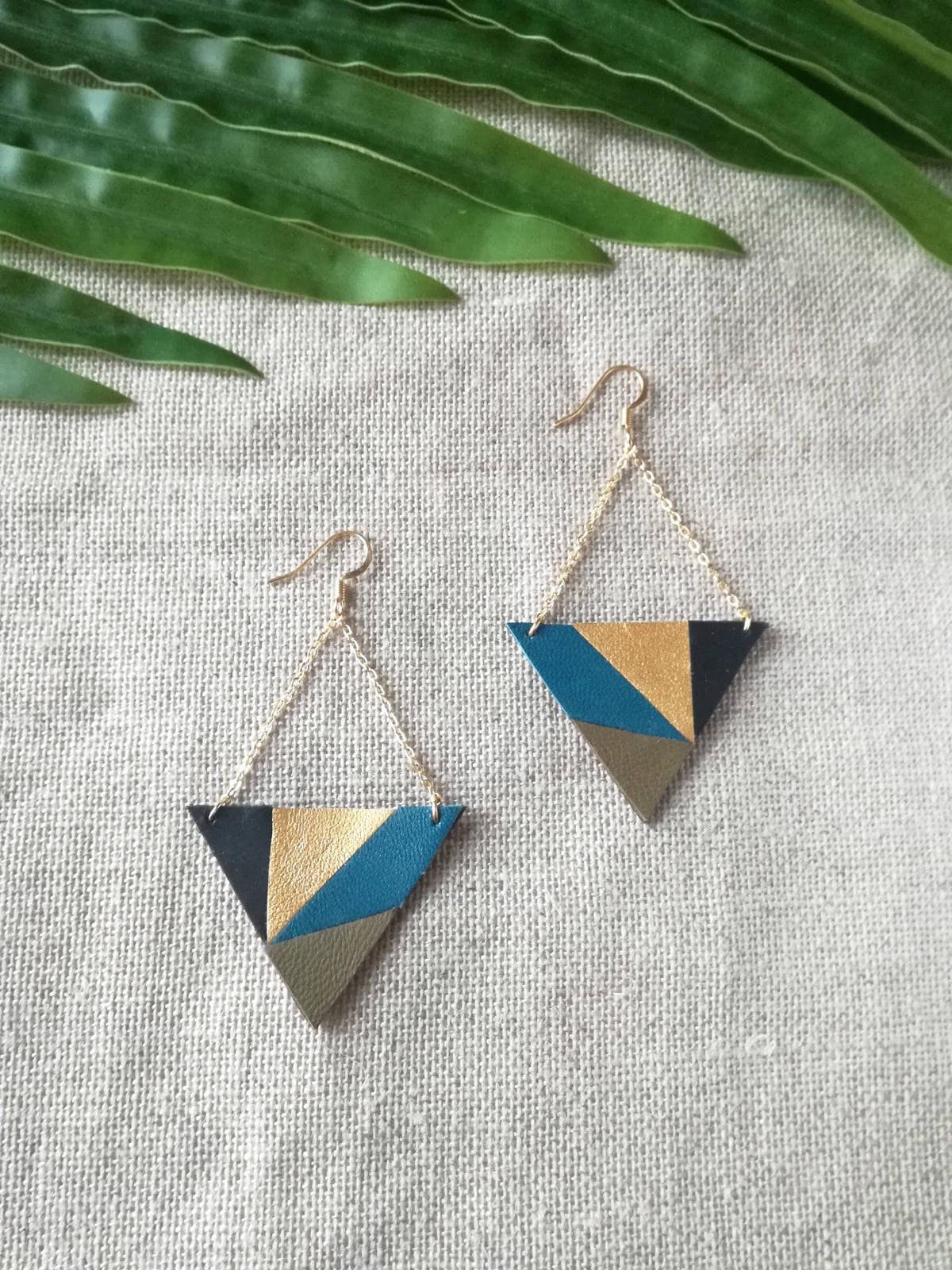 Green and golden earrings with chain for her leather | Etsy