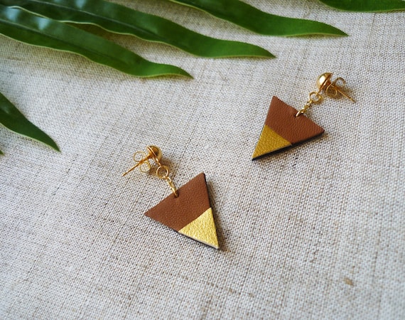 Brown and Golden Triangle Earrings With Gold Plated Chain - Etsy