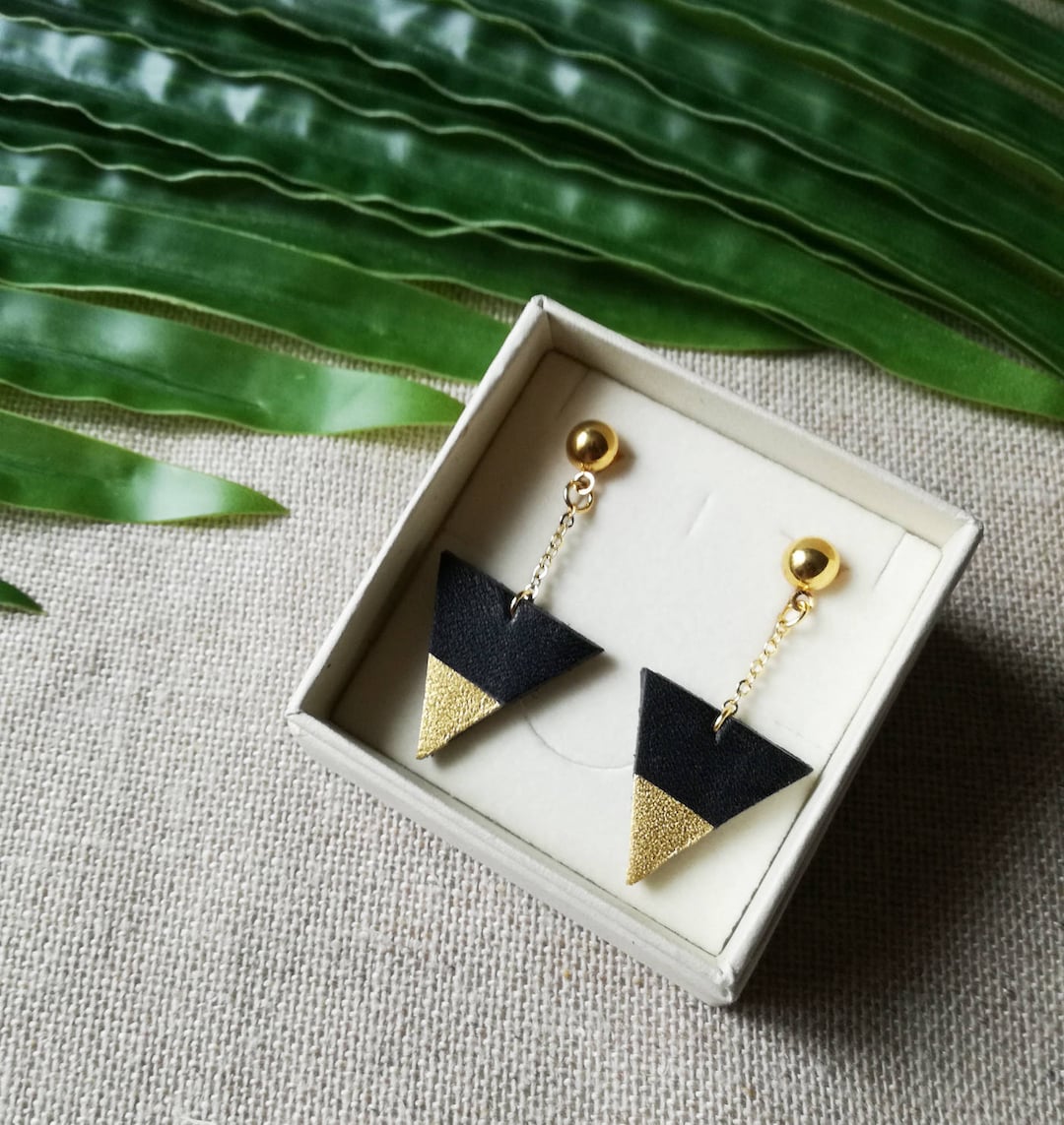 Black and Golden Leather Triangle Earrings With Gold Plated Chain ...