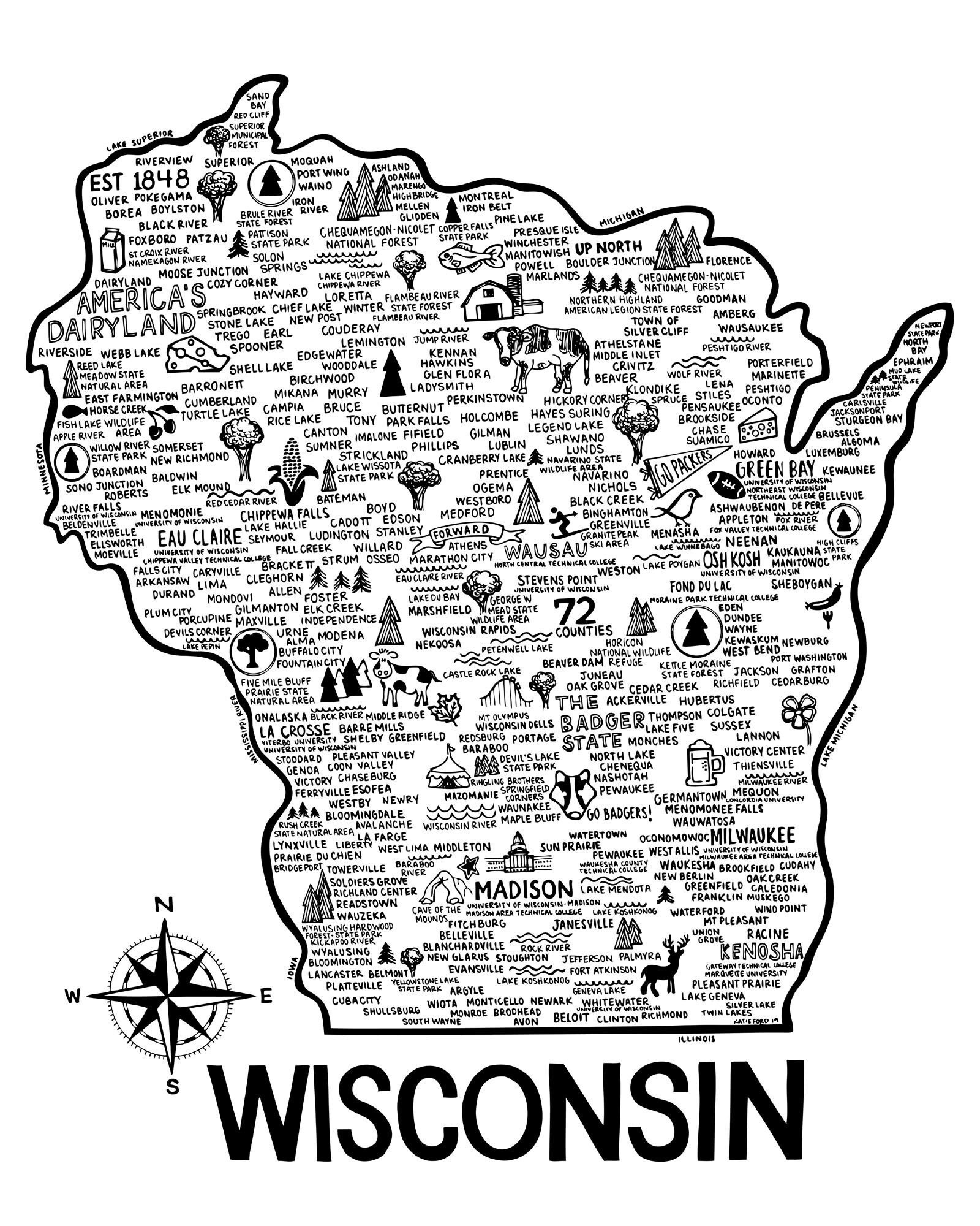 Wisconsin Map Print Wall Art - Etsy