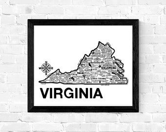 Virginia State Map, Printable Wall Art, Watercolor Print, UVA, Virginia ...