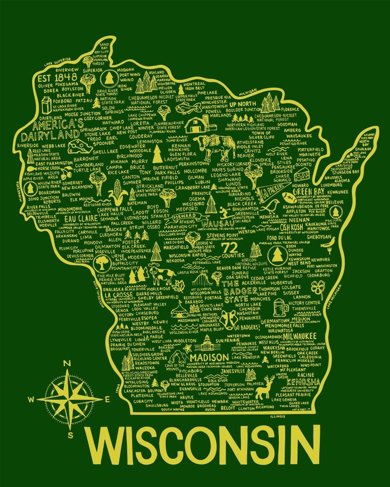 Wisconsin Map Print Wall Art | Etsy