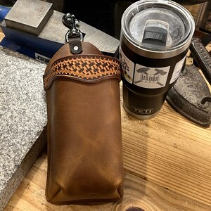 Leather Bottle Holder, Hand Tooled Trim, Travel Mug, Horn Bag, Clip to ...