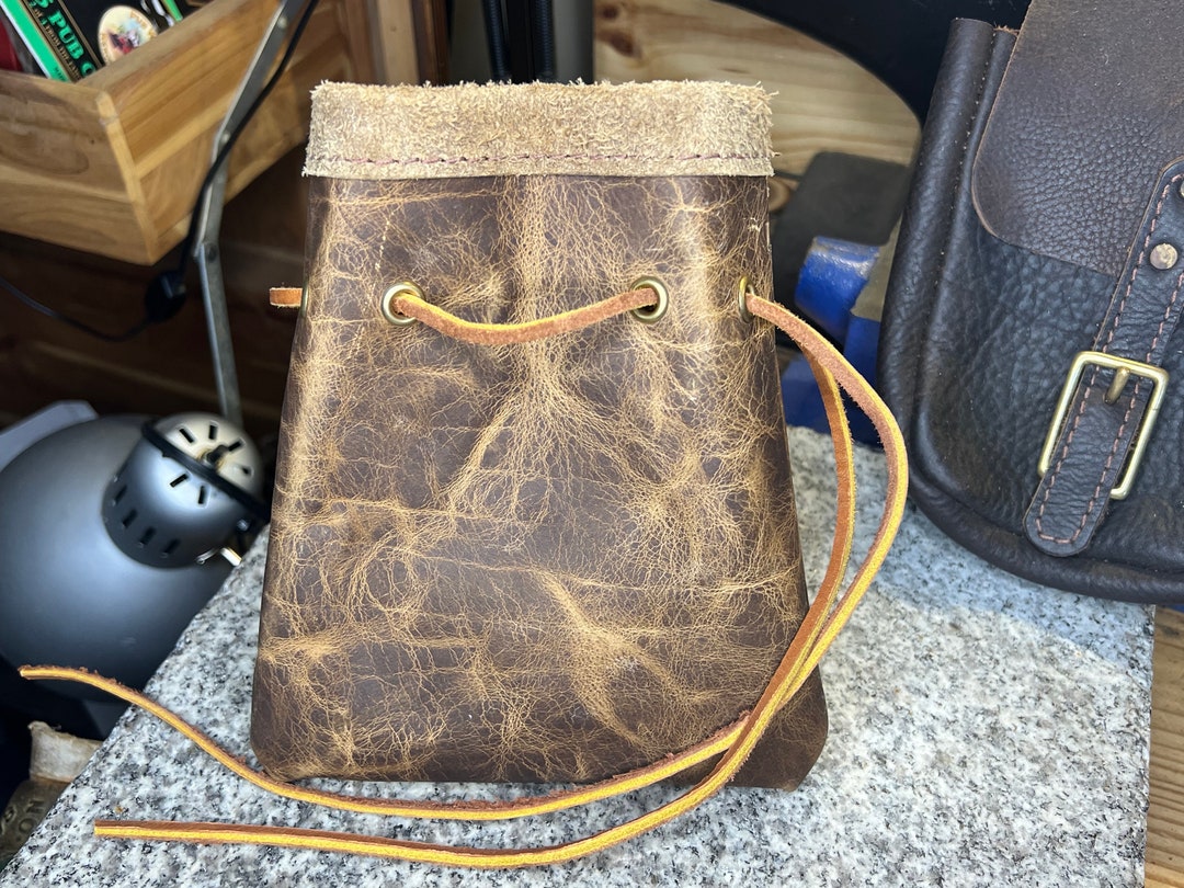 Buffalo Leather Drawstring Bag - Brown Vintage Full Grain Leather ...