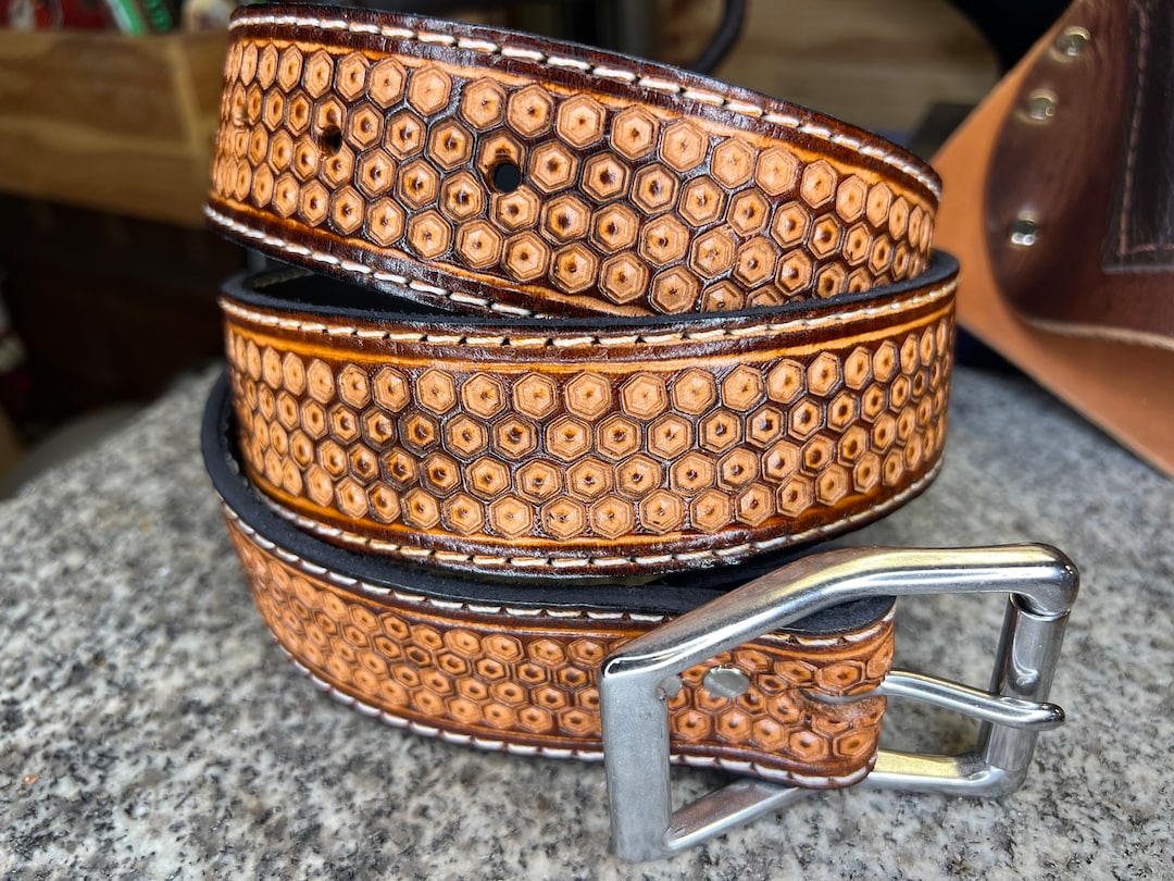 Honeycomb Tooled Leather Belt, Custom Beekeeper Hand Tooling, Full ...