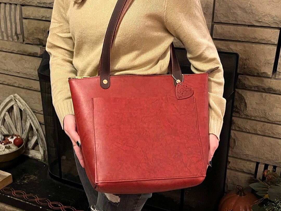 Cranberry Leather Tote Bag Red Shoulder Purse Handmade Women's Handbag ...