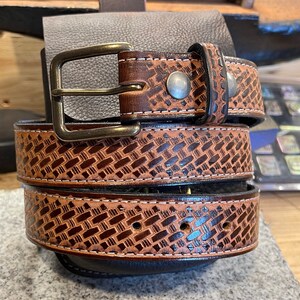 Basket Weave Leather Belt - / Full Grain Leather Embossed / Solid Brass ...