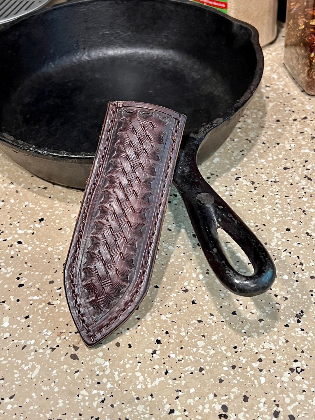 Leather Cast Iron Skillet Handle Cover, Pan Handle Cover, Handmade Full ...