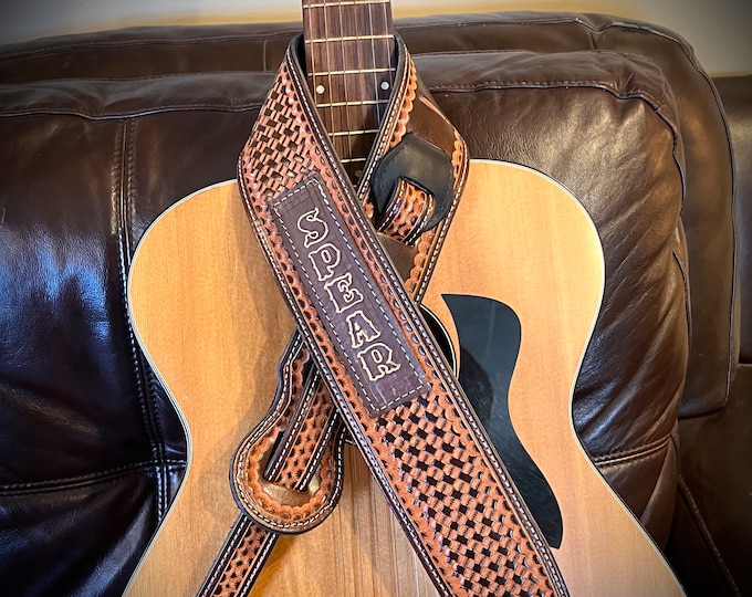 Personalised Leather Guitar Strap, Stitched Border, Guitar Strap, Gift ...