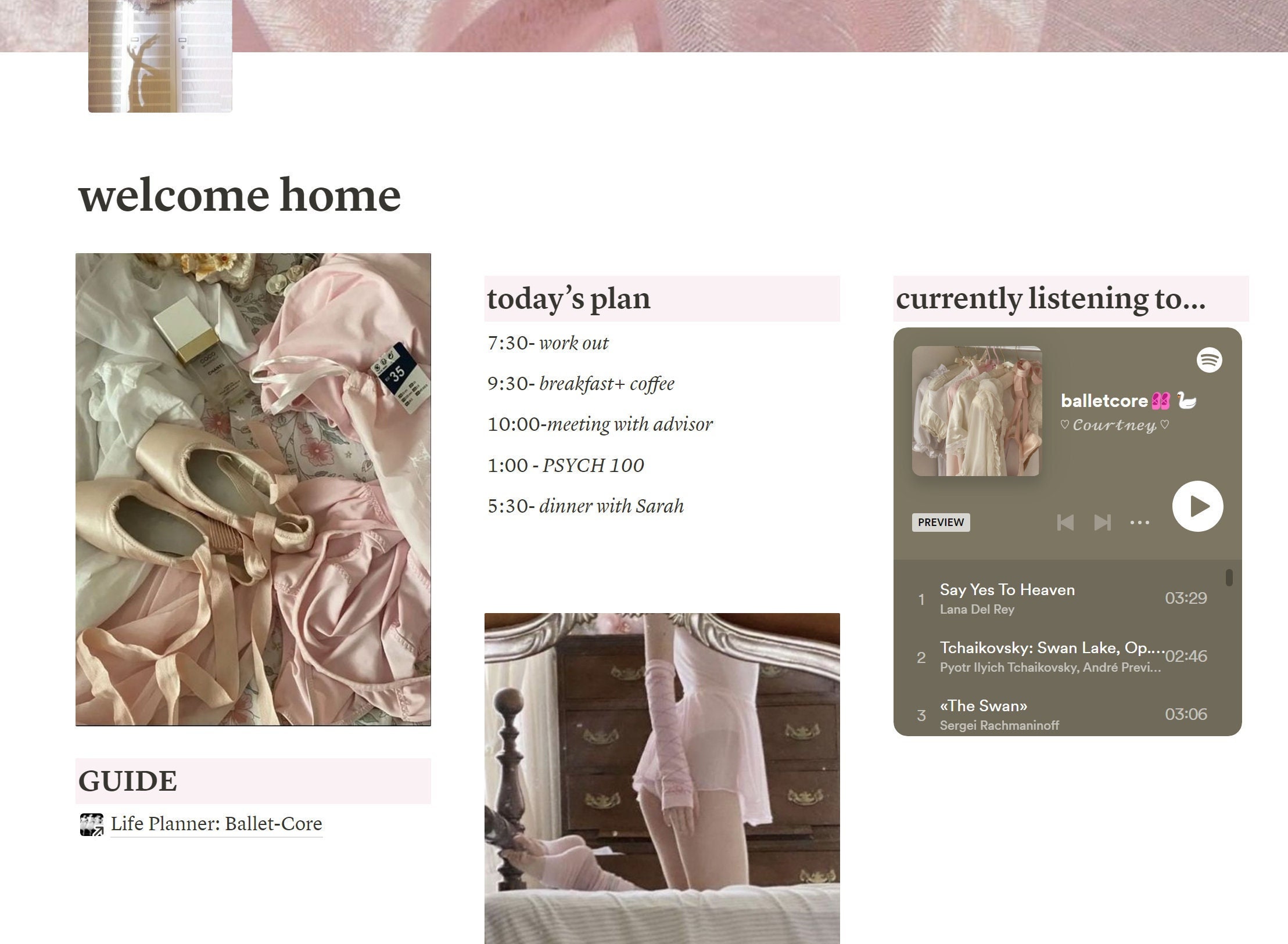 Ballet-core Notion Life Planner Digital Student Planner Notion Planner ...