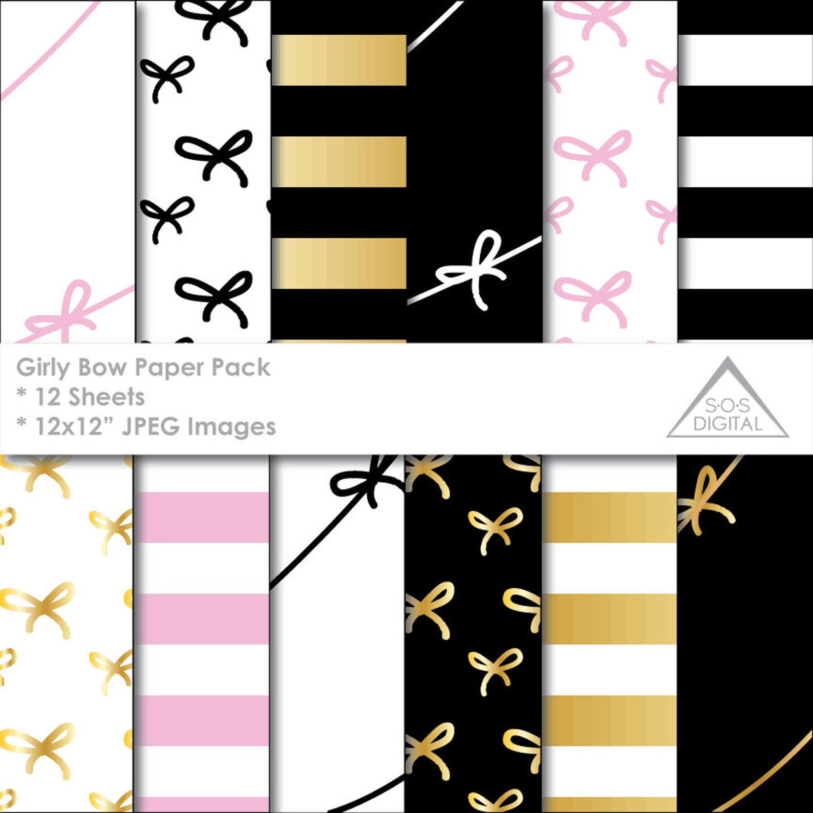 Girly Bow Paper Pack, Black Pink and Gold Digital Papers, Stripes, Bow ...