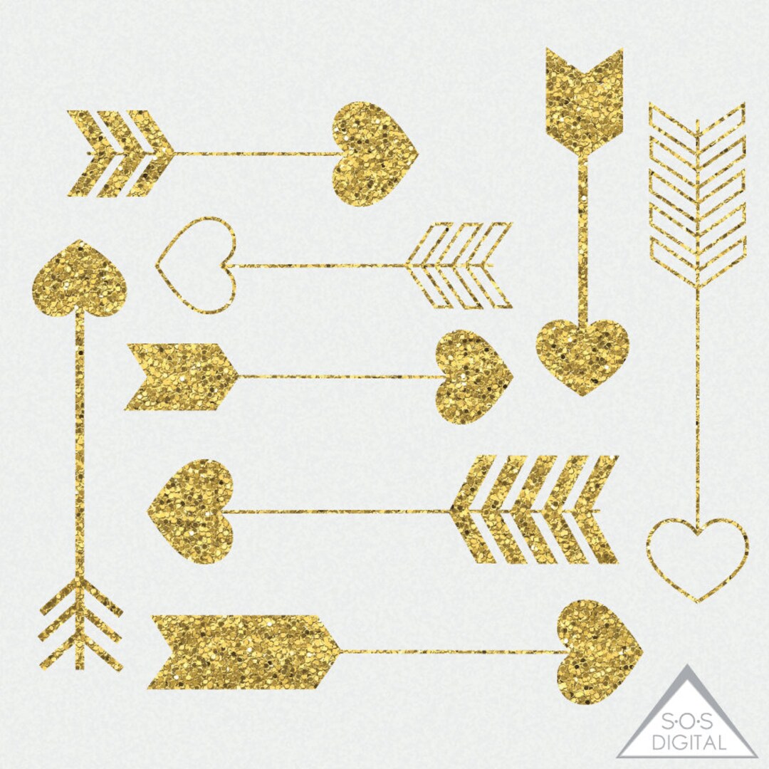 Gold Glitter Heart Arrow Clipart, Clipart Heart Arrows, Valentine ...