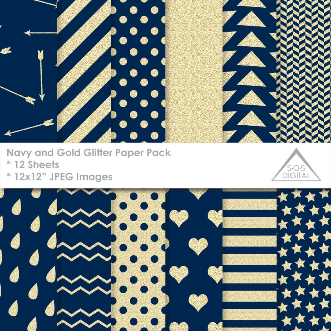 Navy and Gold Glitter Digital Papers, Digital Scrapbooking, Polkadot ...
