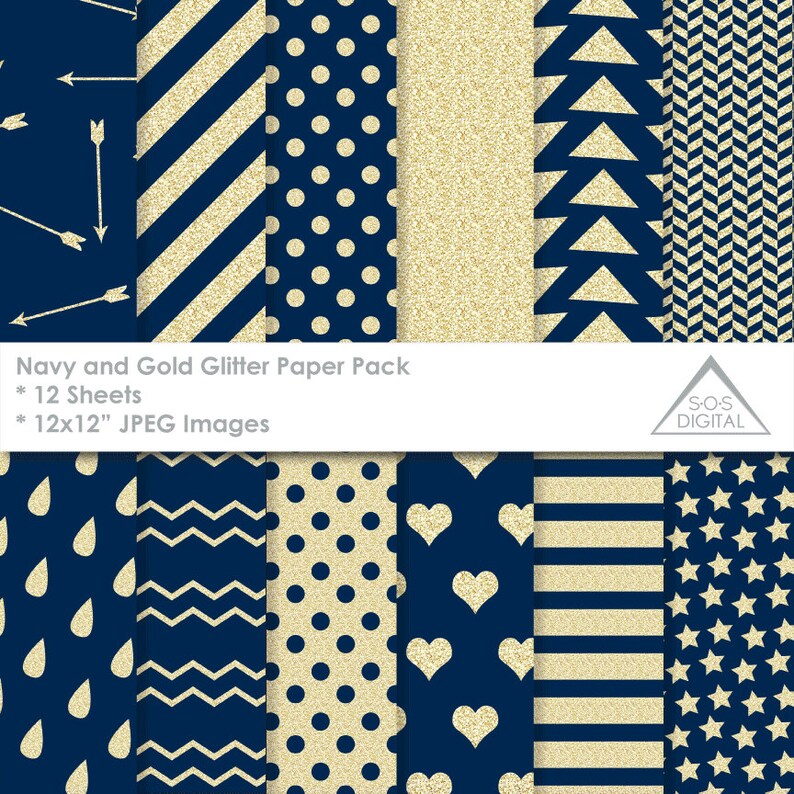 Navy and Gold Glitter Digital Papers, Digital Scrapbooking, Polkadot ...