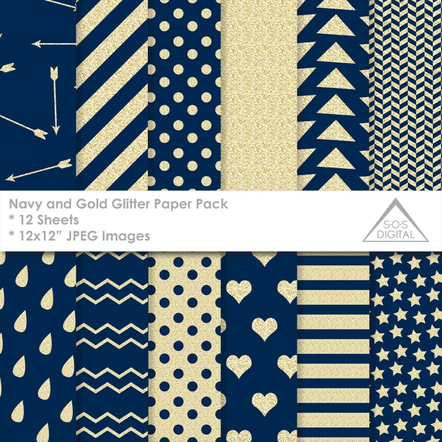 Navy and Gold Glitter Digital Papers, Digital Scrapbooking, Polkadot ...