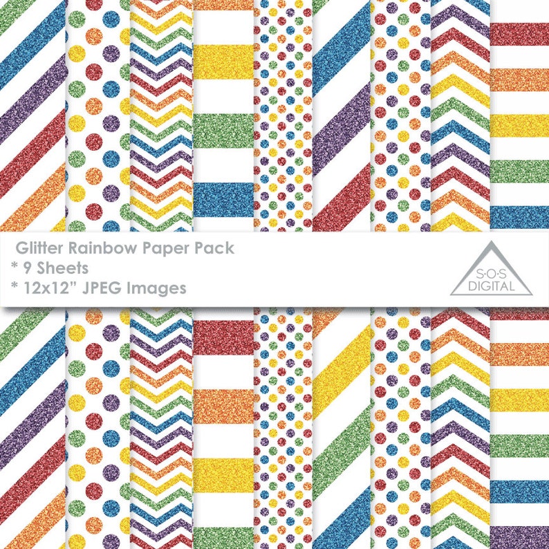 Rainbow Glitter Papers, Rainbow Polkadots, Rainbow Chevron, Rainbow ...
