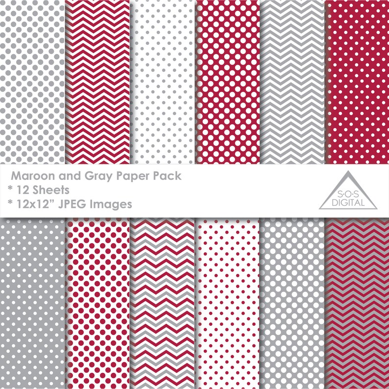 Maroon and Gray Digital Papers, Chevron, Polka Dots, Small Commercial ...