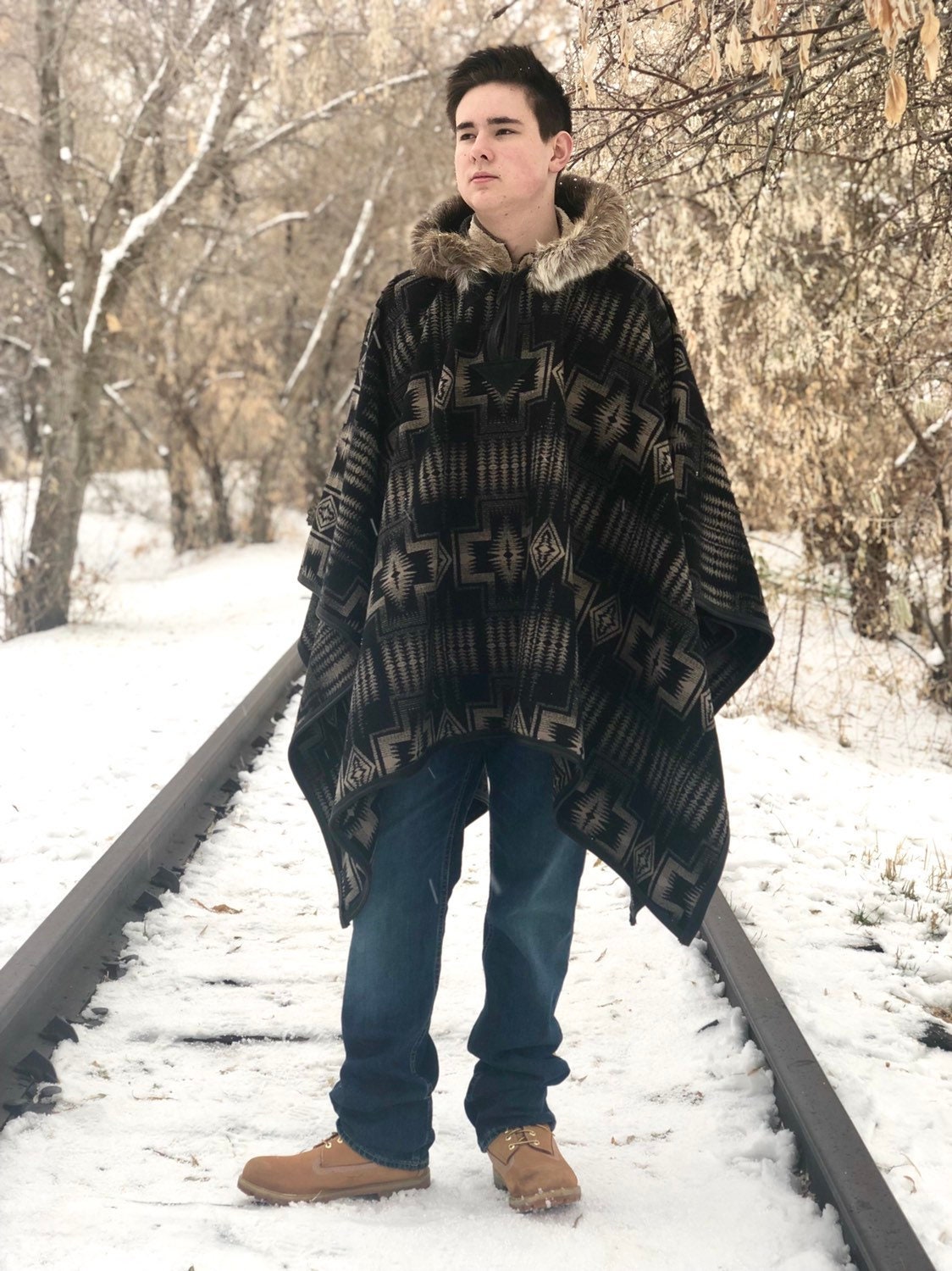 Riding Poncho in Harding Black & Tan, Leather and Fur Trim. - Etsy
