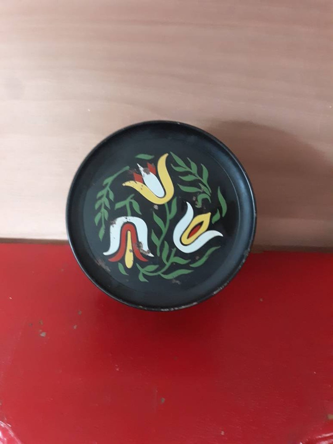 Vintage Guildcraft Black Tin With Tulip Motif Container by Guildcraft ...