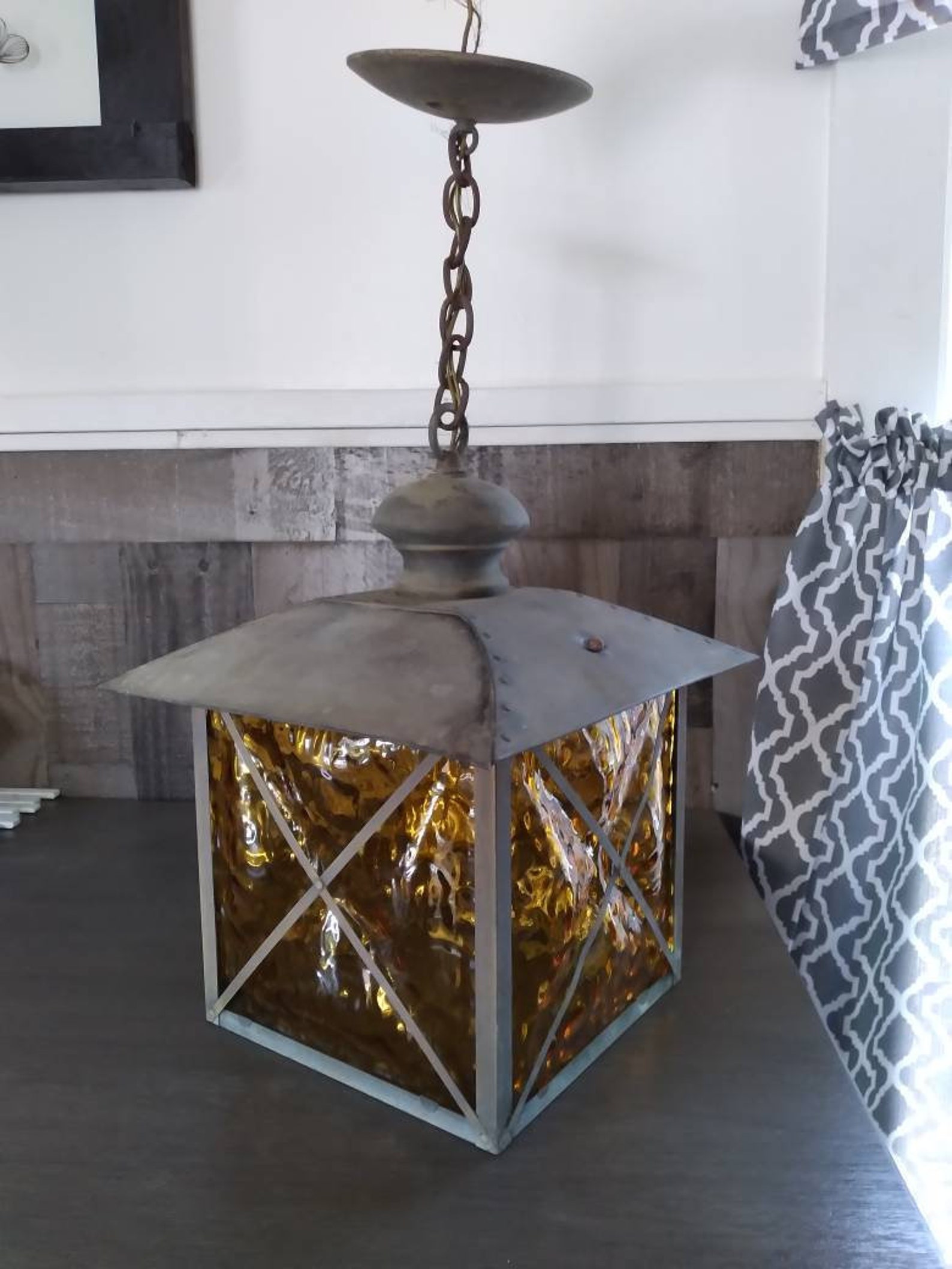 Vintage Hanging Coach Light with Amber Glass Outdoor Lantern | Etsy