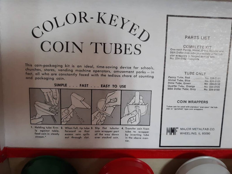 Vintage Color-keyed Coin Tubes MMF Coin Tubes Major Metalfab Co Coin ...