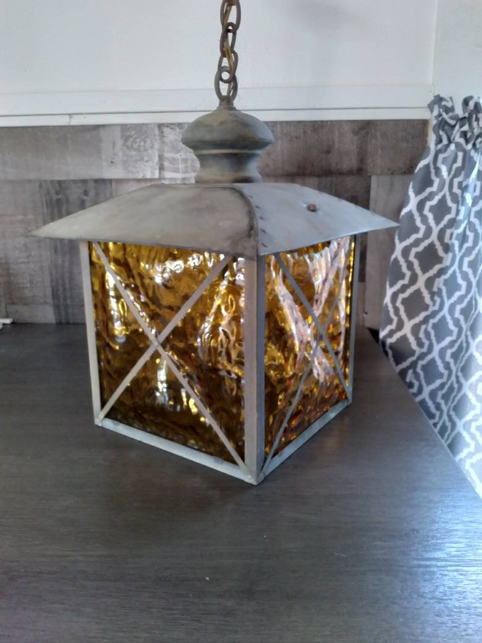 Vintage Hanging Coach Light With Amber Glass Outdoor Lantern Carriage ...