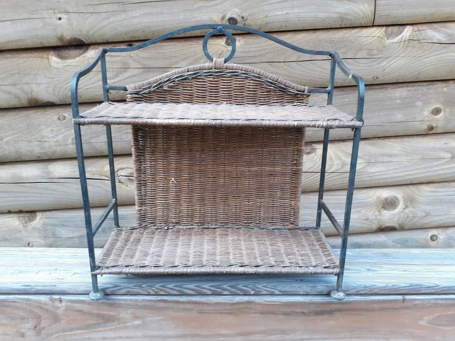 Vintage Wrought Iron Rattan Spice Rack Free Standing Shelf 2 Tiered ...