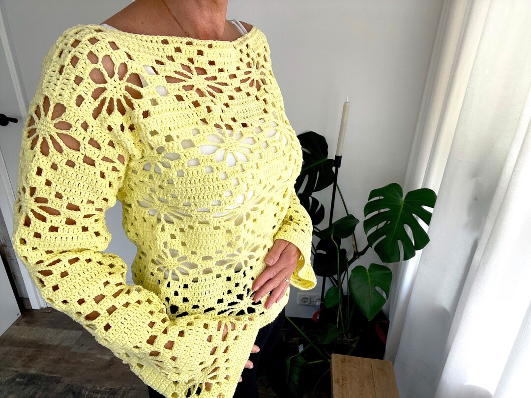 Flower Crochet Jumper Crop Top Long Flared Sleeves Crochet Pattern Mesh ...