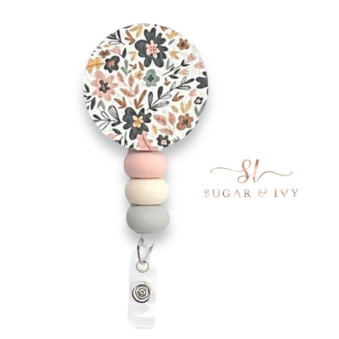 Genuine Leather Flower Badge Reel, Beaded Floral Badge Reel, ID Holder ...