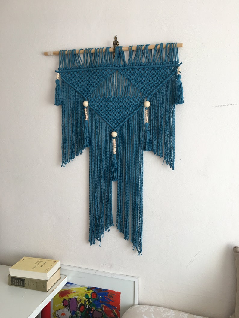 Blue Macrame Wall Hanging With Tassels and Wooden Beads | Etsy