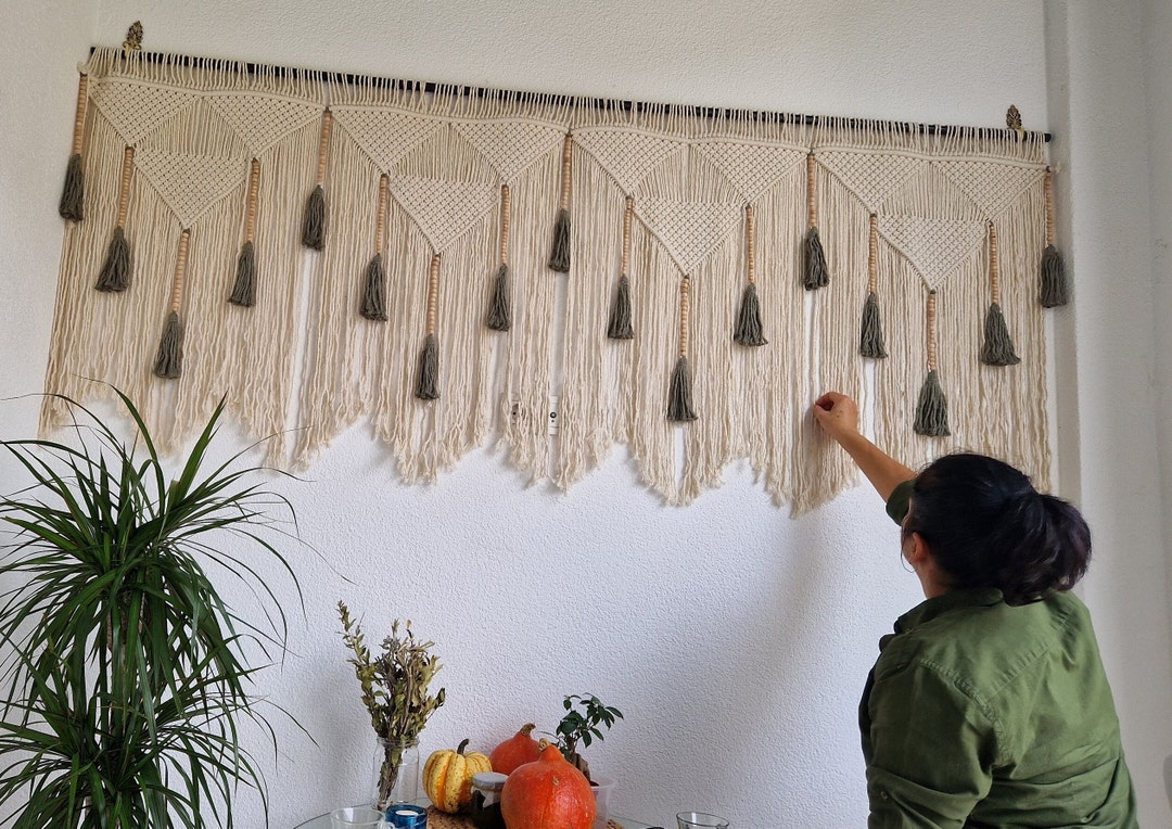 Macrame Window Treatment With Sage Tassels, Large Wall Hanging, Bedroom ...