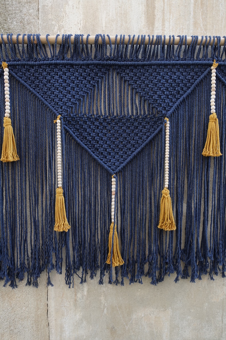 Navy Macrame king size home decor with mustard tassels | Etsy