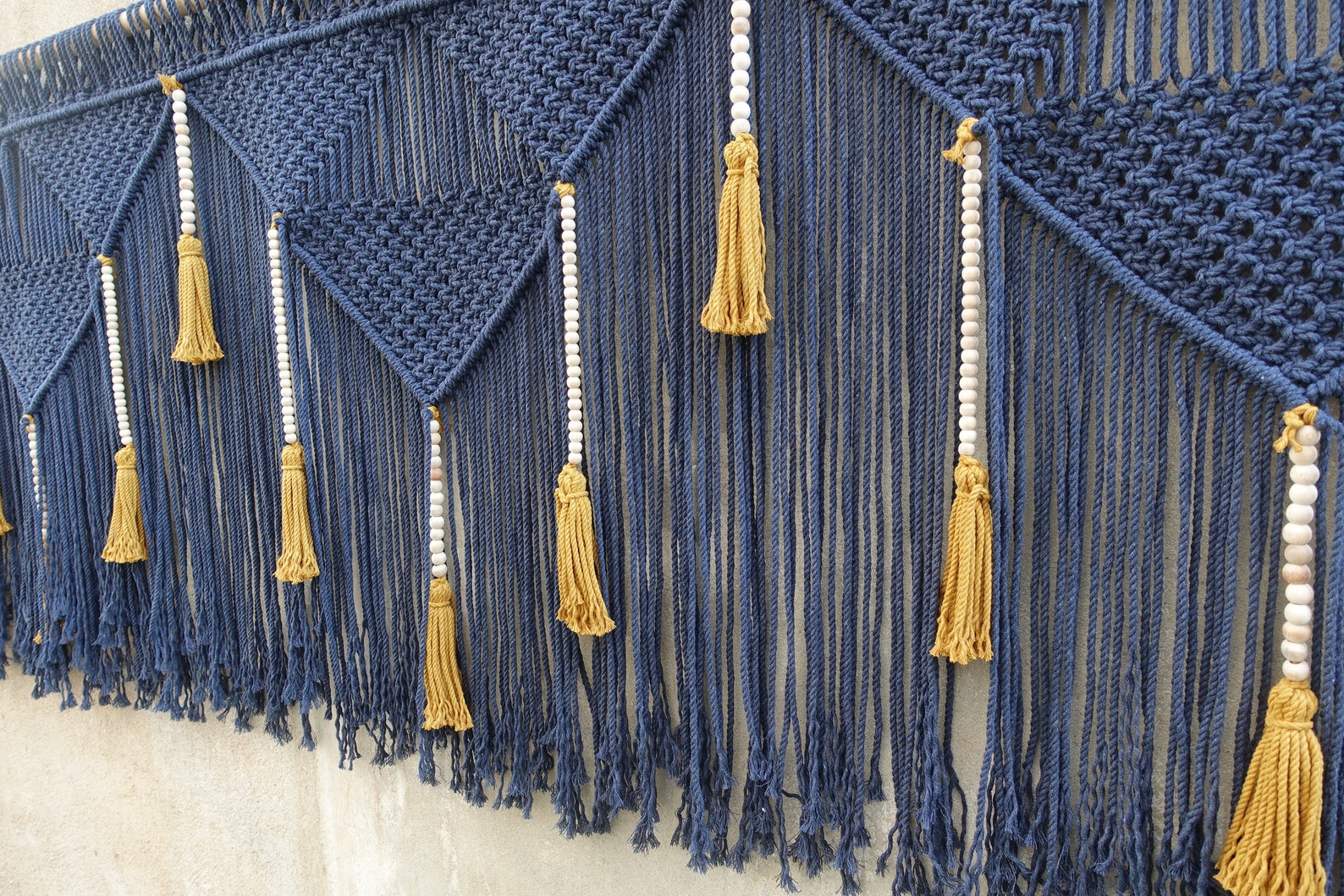 Navy Macrame King Size Home Decor With Mustard Tassels - Etsy UK