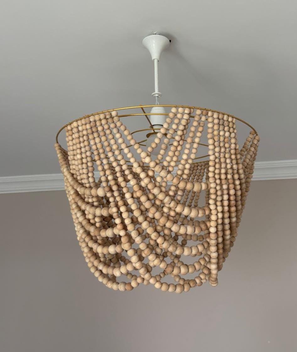 Natural Wooden Bead Chandelier: Boho Ceiling Lamp (19''x12'') - Etsy