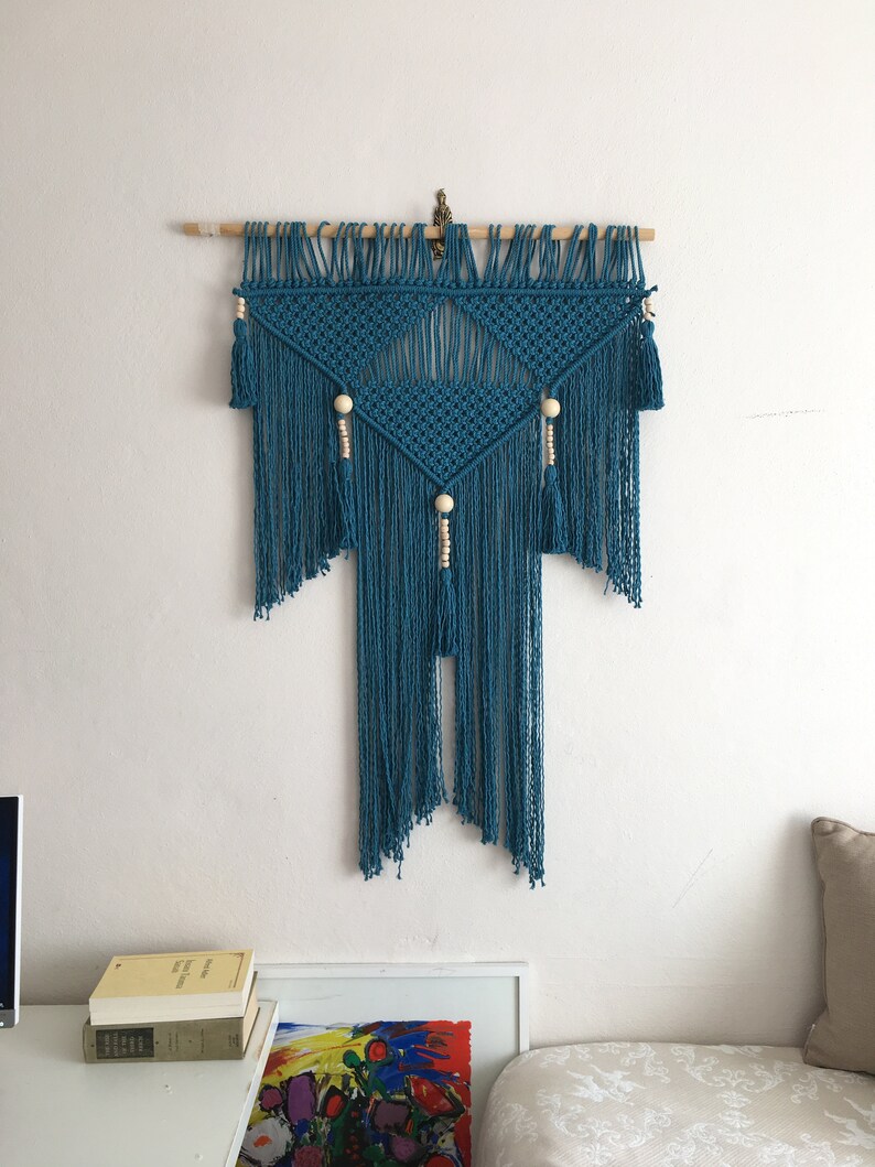 Blue Macrame Wall Hanging With Tassels and Wooden Beads - Etsy