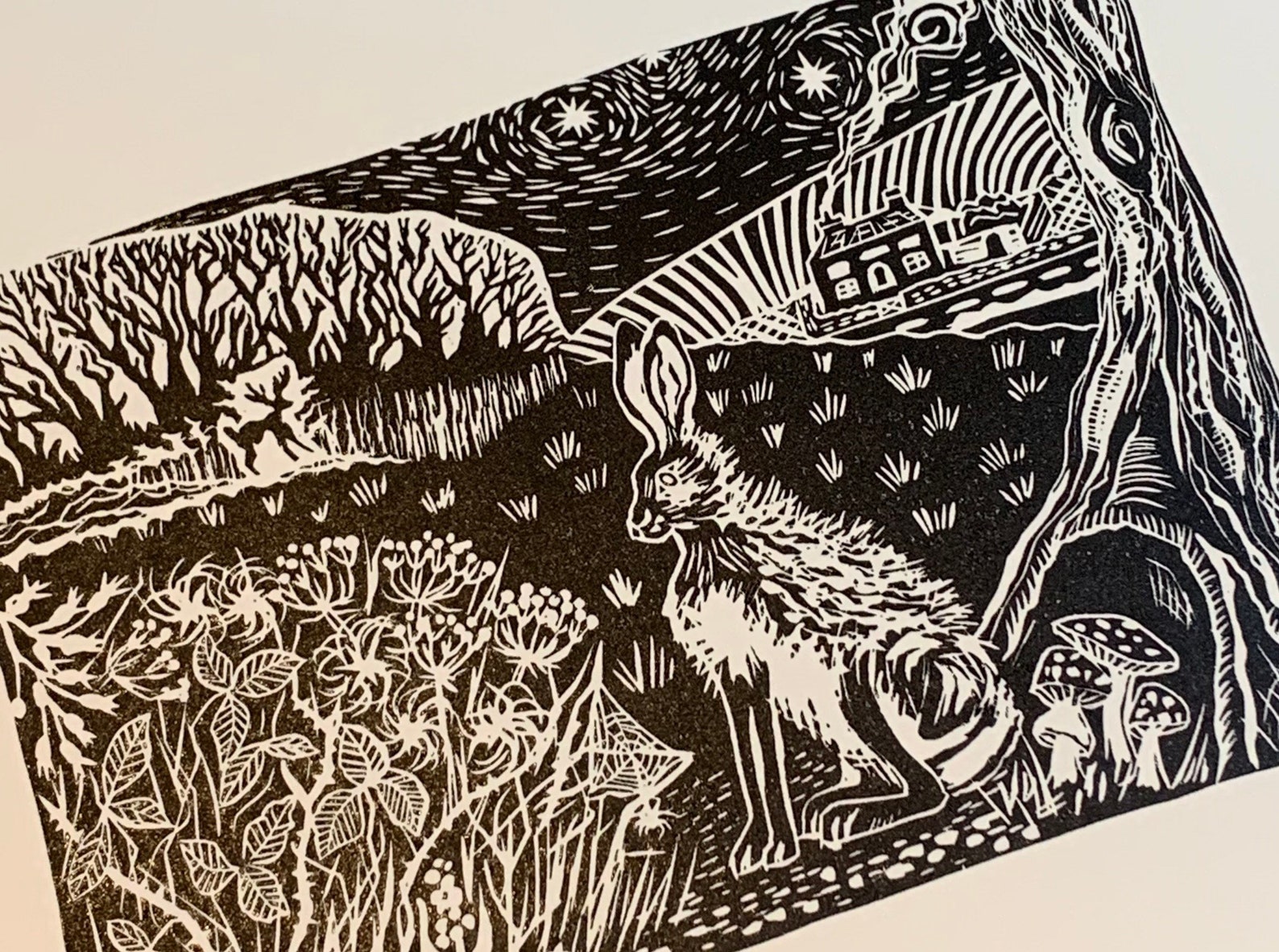 Midnight Hare / Lino Print A4 / Hare Print / Rabbit / Hare Illustration ...