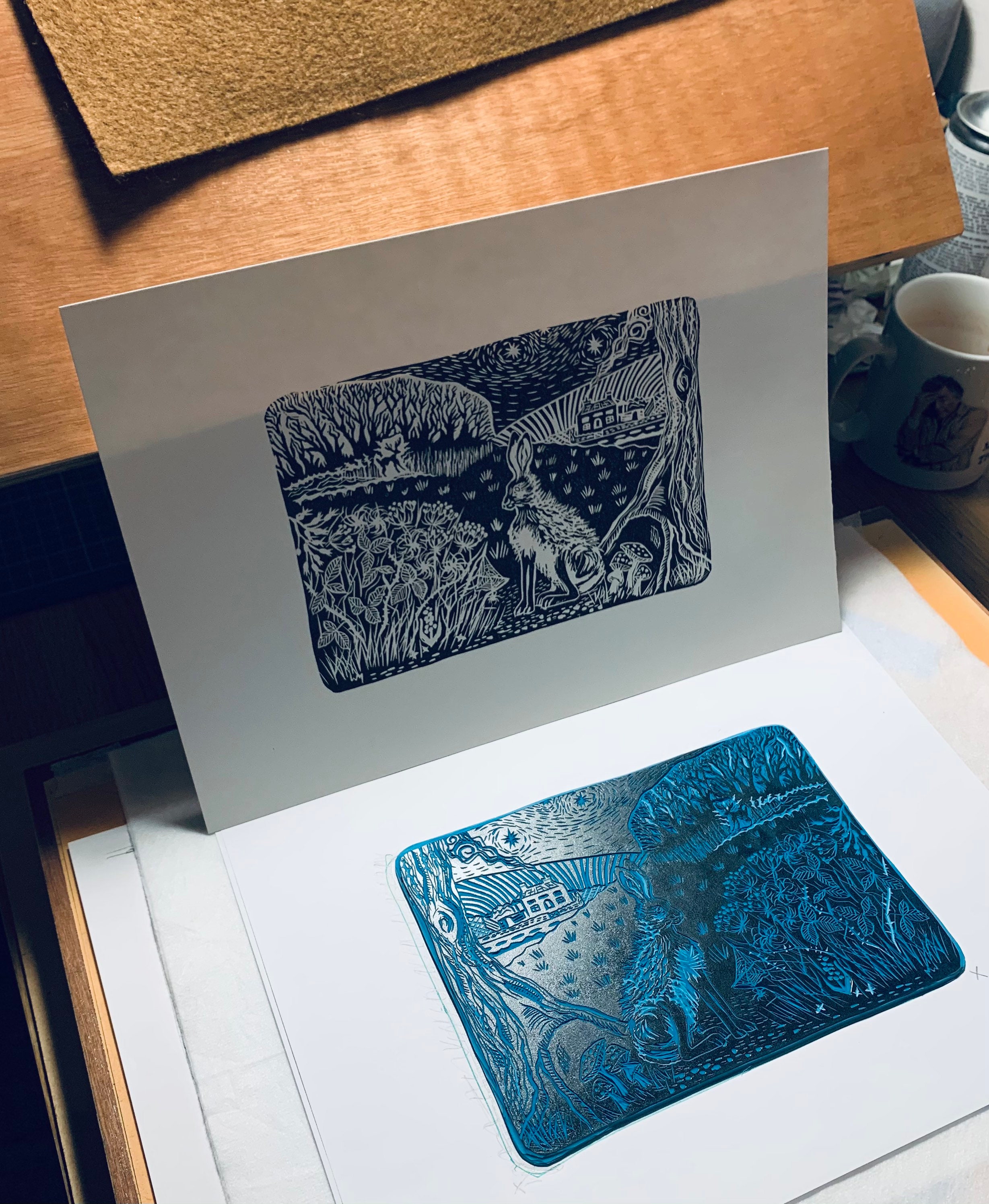 Midnight Hare / Lino Print A4 / Hare Print / Rabbit / Hare Illustration ...