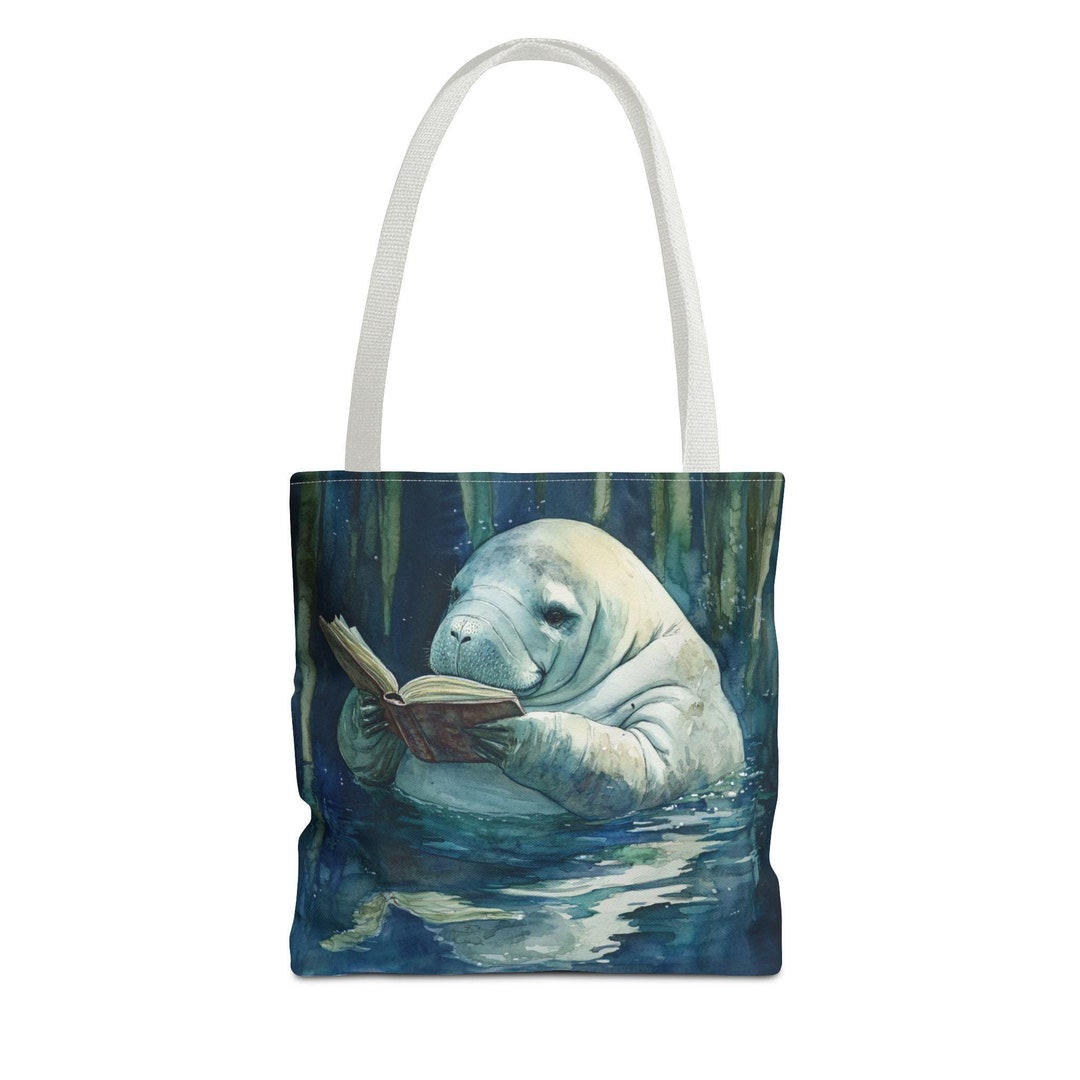 Manatee Reading Tote Bag, Cute Animal Tote, Eco-friendly Shoulder Bag ...